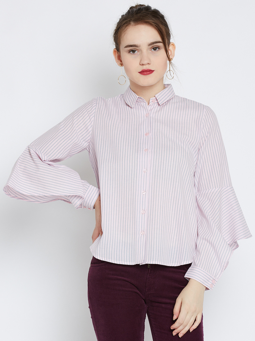 Buy Marie Claire Women Pink & Blue Regular Fit Striped Casual Shirt ...