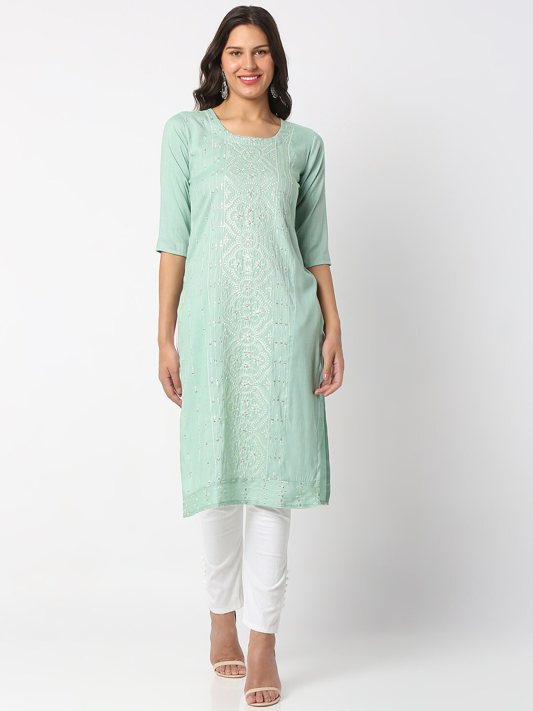 Buy SALWAR STUDIO Ethnic Motifs Pastels Cotton Kurta - Kurtas for Women ...