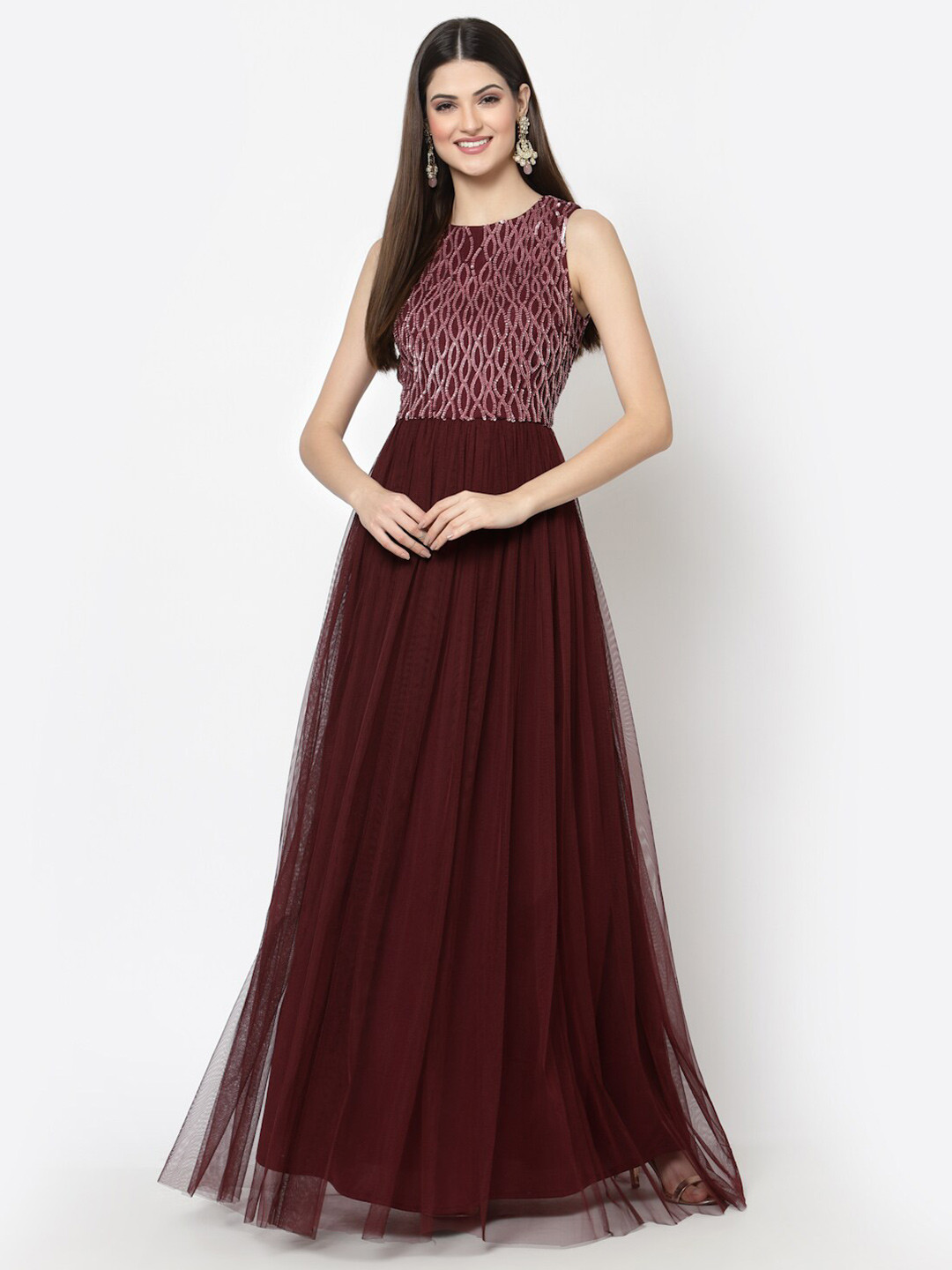 Buy Just Wow Sequined Embellished Net Tulle Maxi Fit & Flare Dress ...