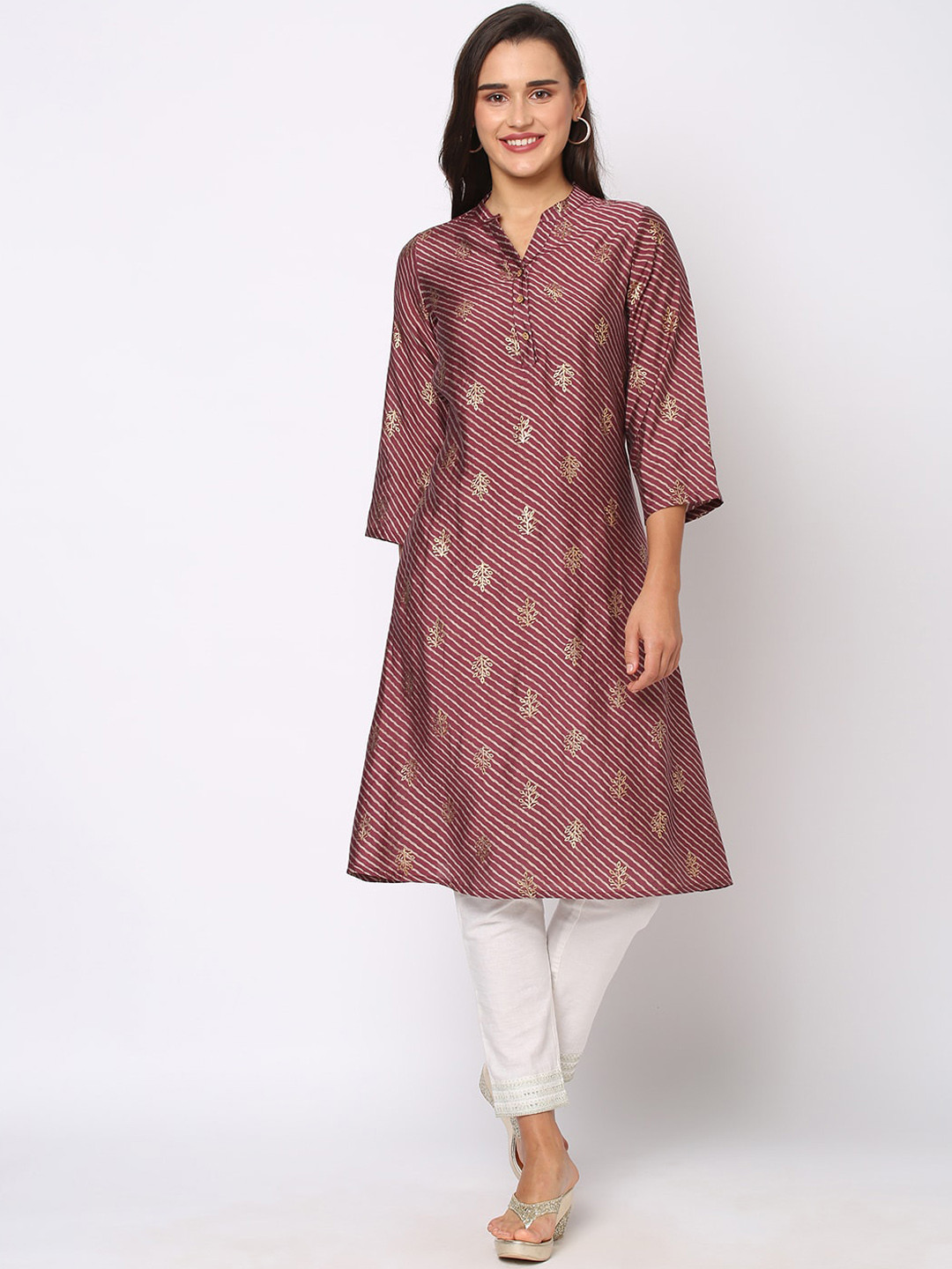Buy Fusion Beats Mandarin Collar Striped Kurta - Kurtas for Women ...