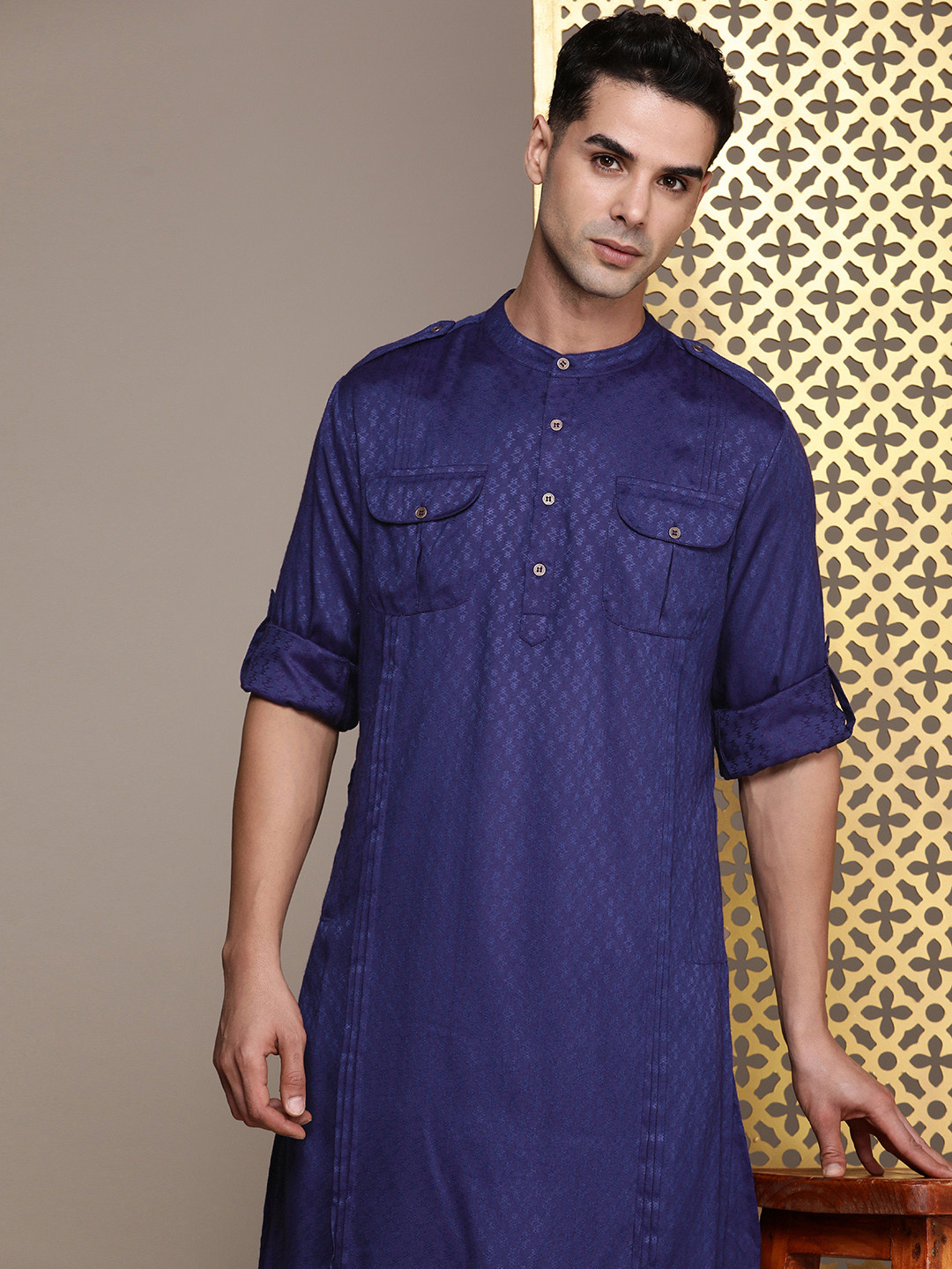 Buy House Of Pataudi Woven Design Band Collar Rozana Pathani Kurta ...