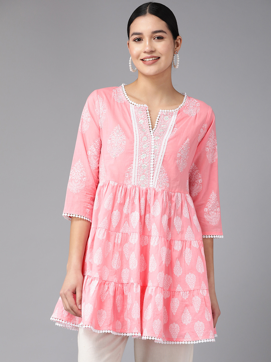 Buy Amirah S Pink & White Embroidered Cotton Tunic - Tunics for Women ...