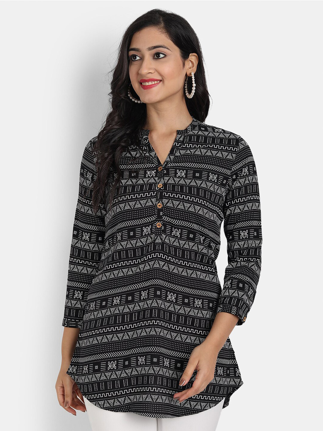 Buy SUTI Black Tribal Print Mandarin Collar Top - Tops for Women ...