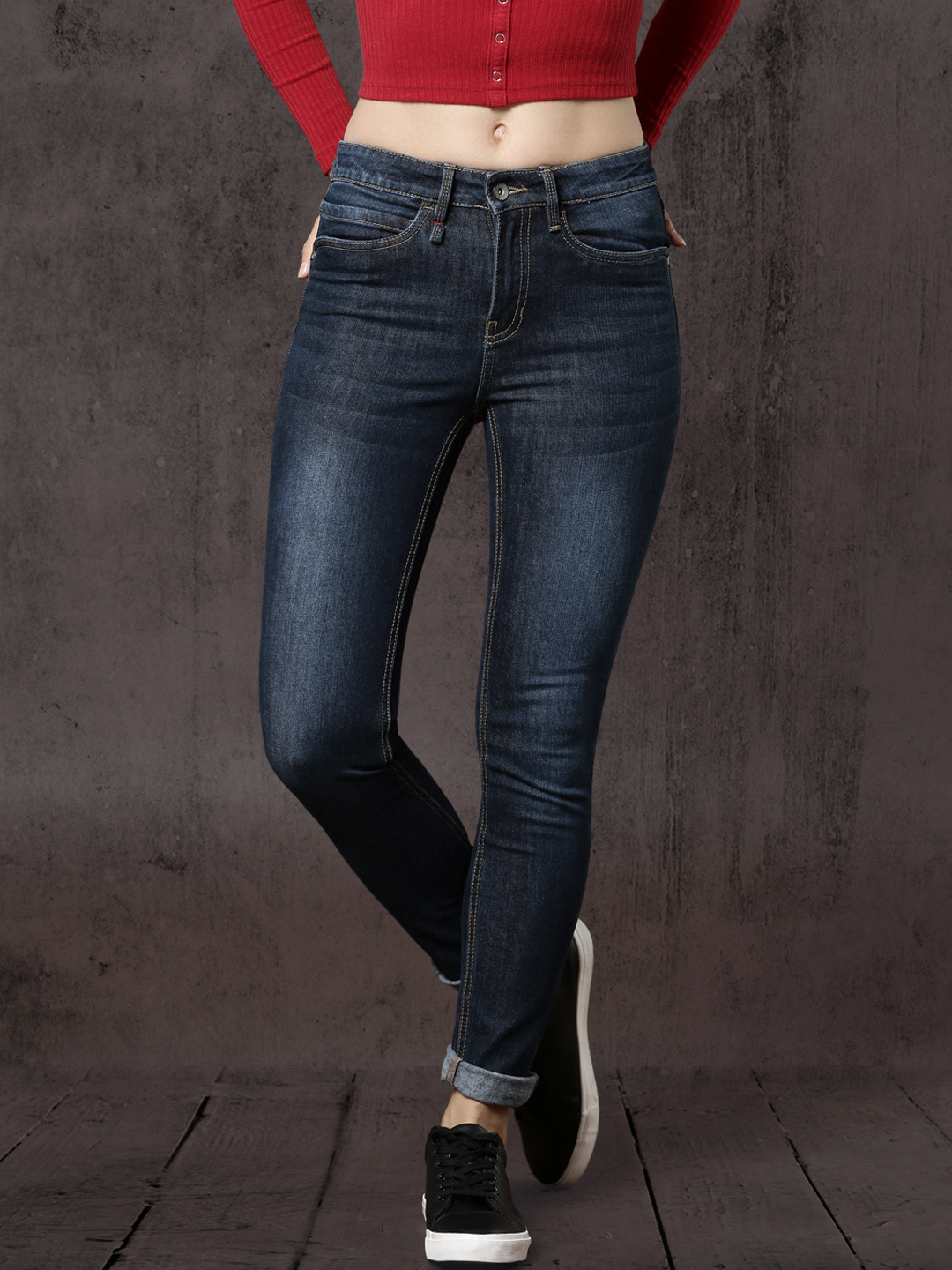 Buy Roadster Women Navy Blue Skinny Fit Mid Rise Clean Look Stretchable ...