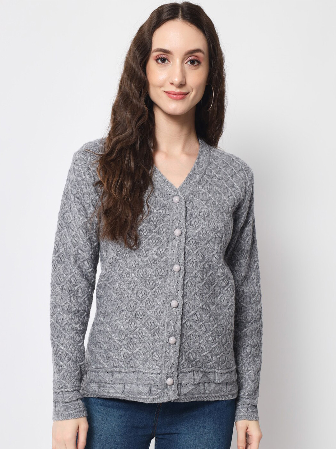 Buy DAiSY V Neck Cable Knit Self Design Acrylic Cardigan - Sweaters for ...
