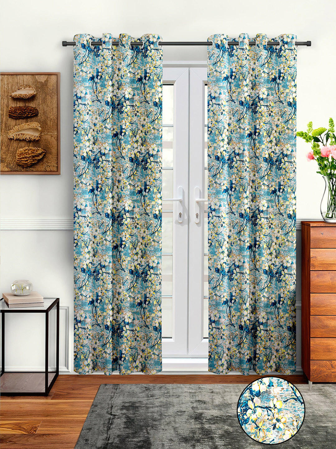 Buy Cortina Blue & Cream Coloured Set Of 2 Floral Long Door Curtain ...