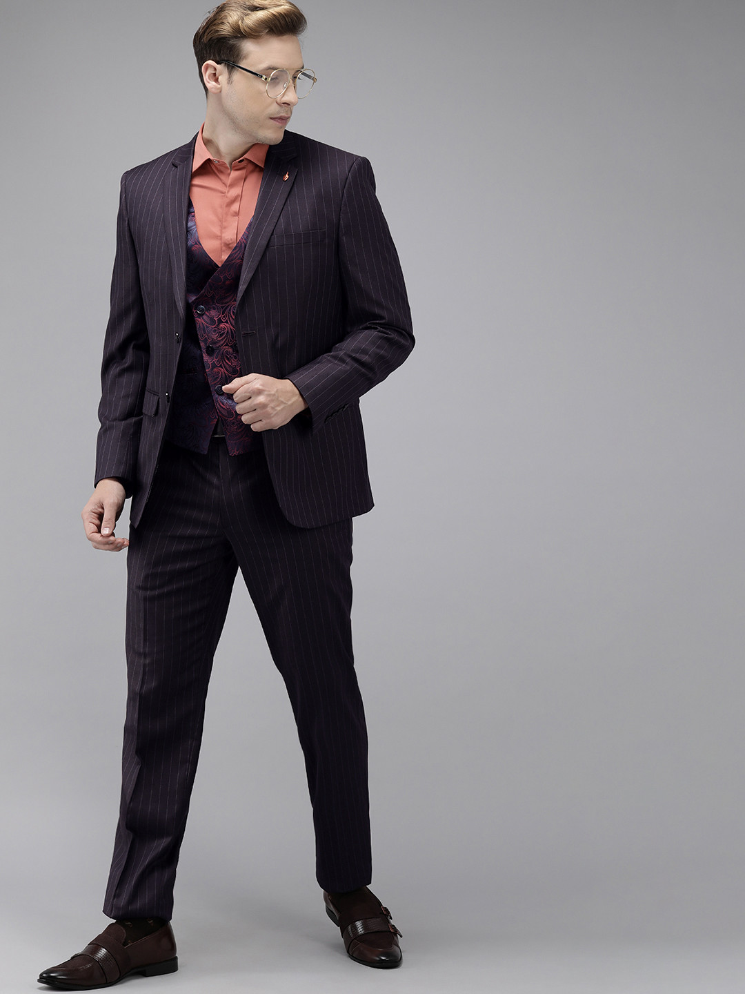 Buy Van Heusen Striped Slim Fit Single Breasted Formal Three Piece Suit ...
