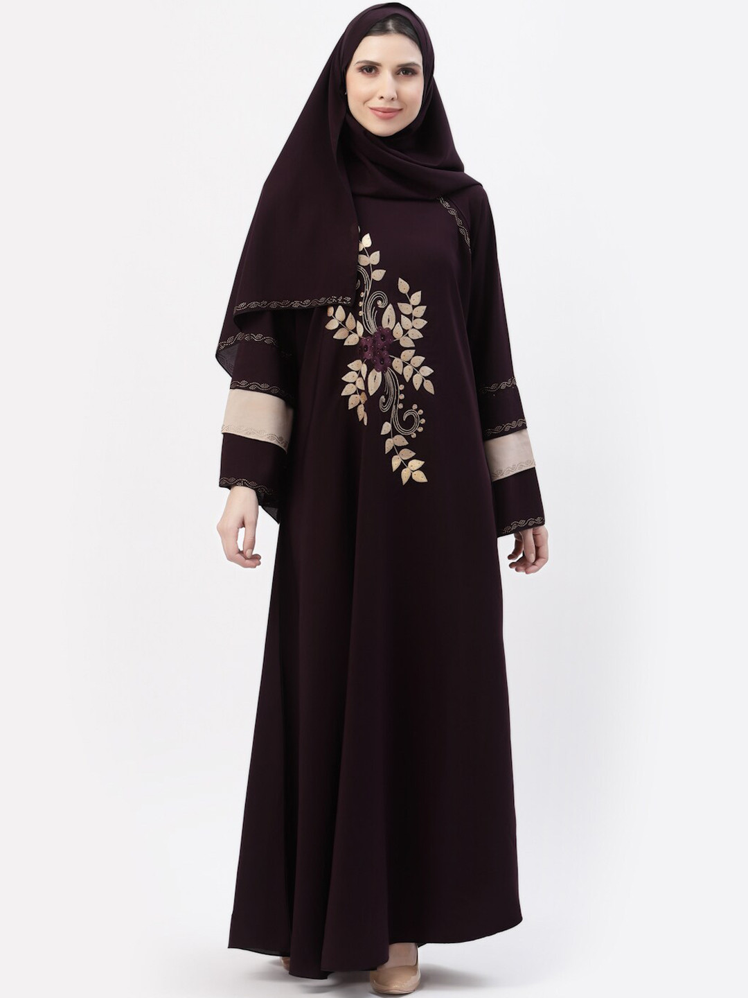 Buy Arrabi Women Leaf Embroidered Burqa With Scarf - Burqas for Women ...