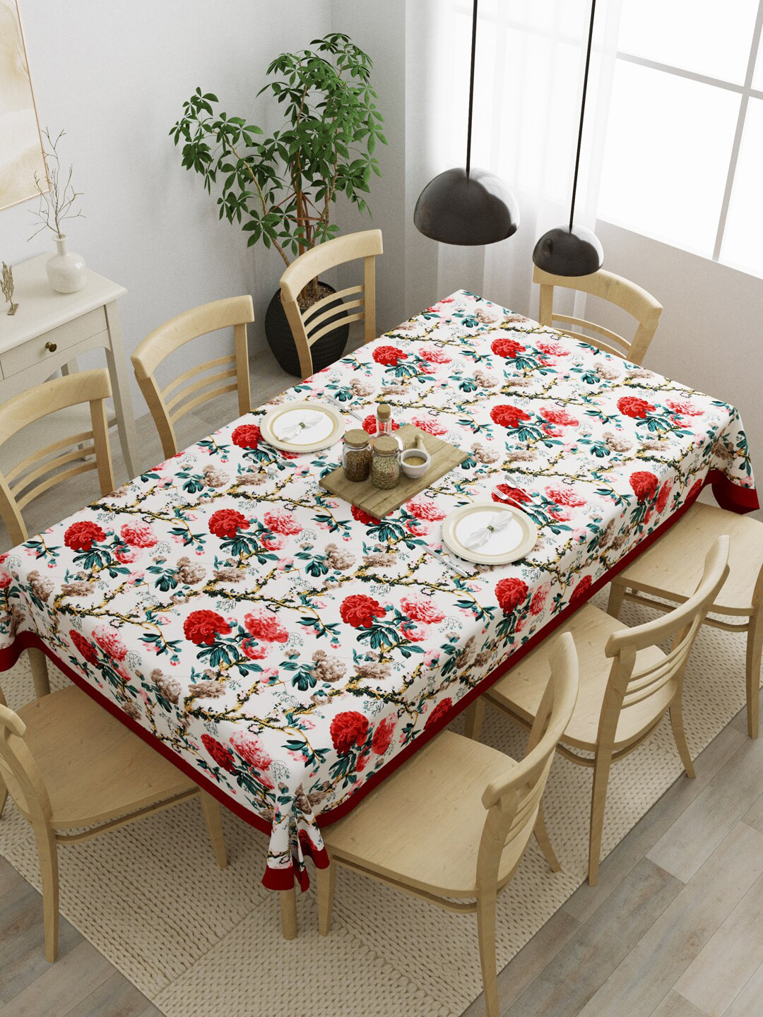 Buy Clasiko White & Red Printed 8 Seater Pure Cotton Table Cover ...