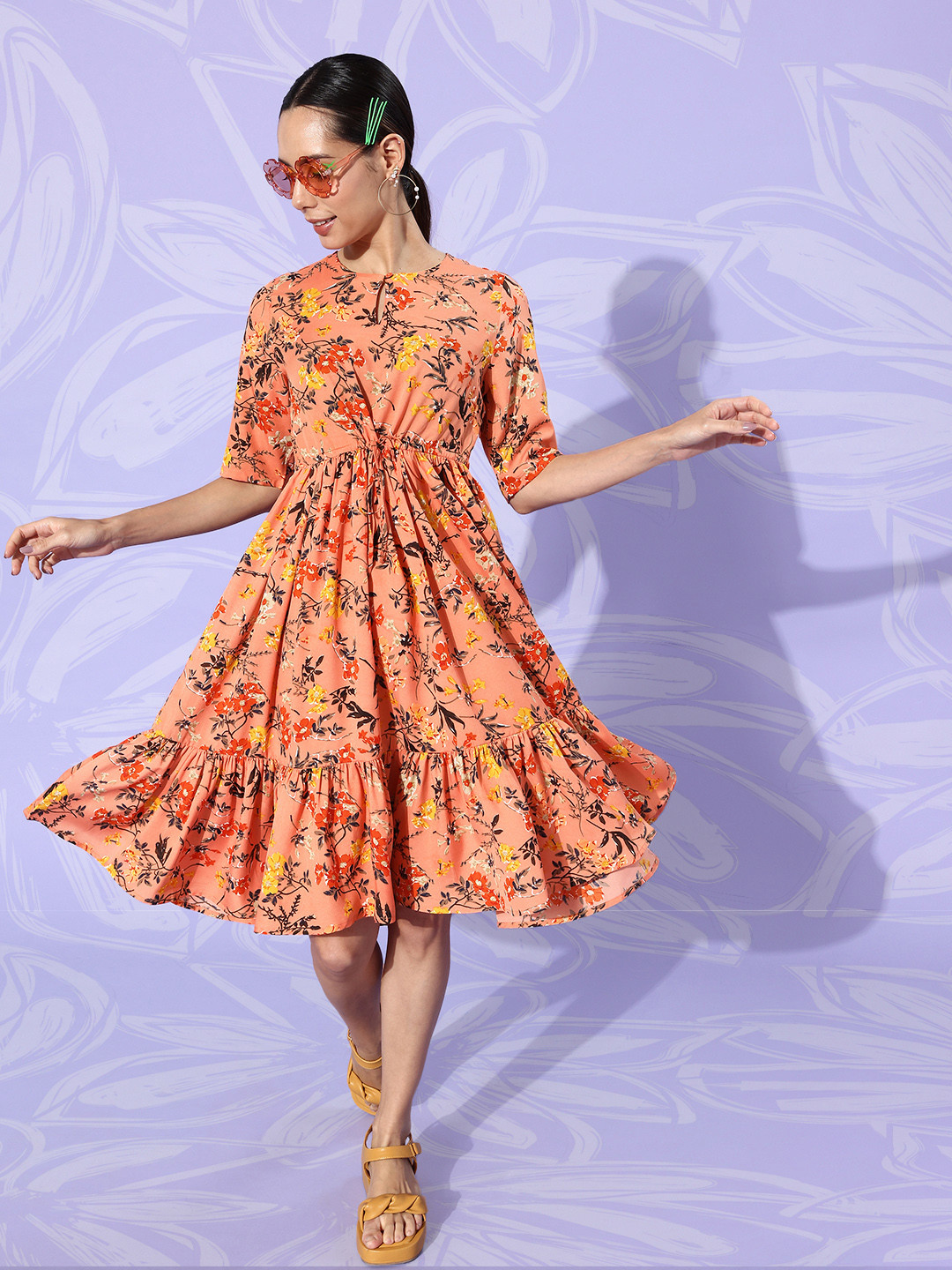 Buy Dressberry Coral Peach Floral Print A Line Vacay Chill Sundress ...