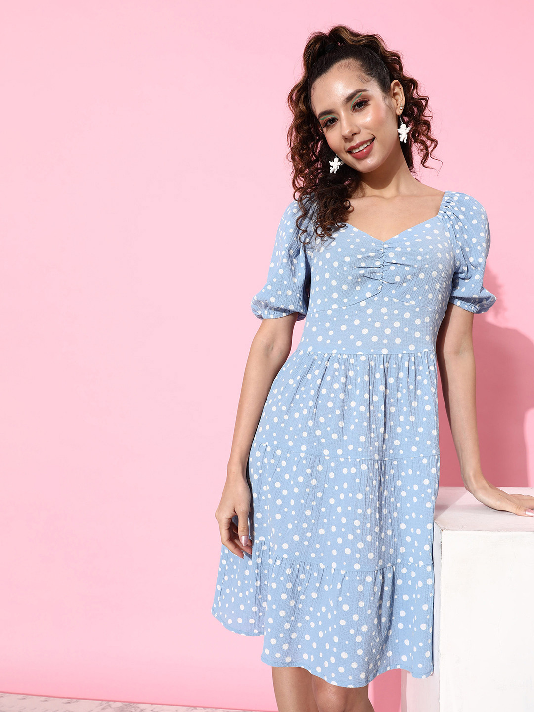 Buy Dressberry Sky Blue Polka Dots Print VacayChill Sundress A Line ...