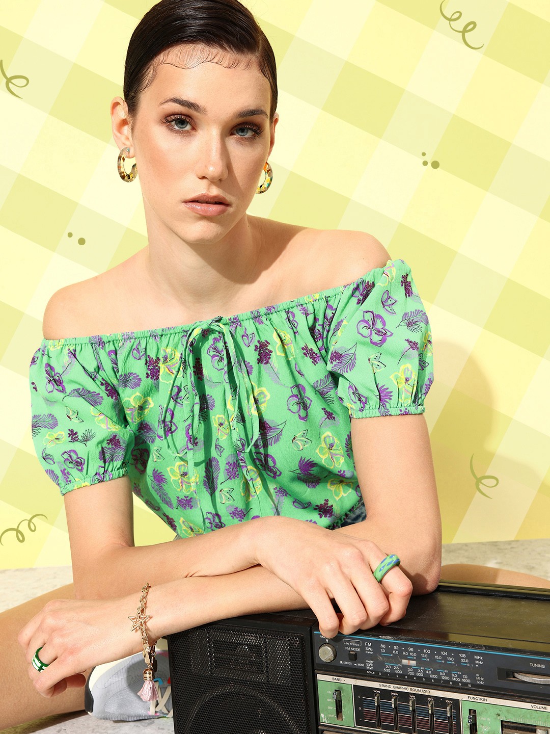 Buy Dressberry Floral Print Off Shoulder Puff Sleeve Smocked Crop Top