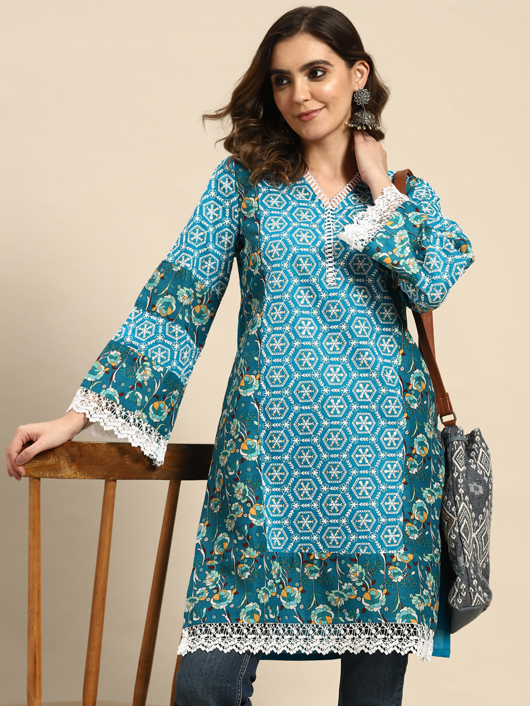 Buy Sangria Floral Printed Embroidered & Lace Detail Kurta - Kurtas for ...
