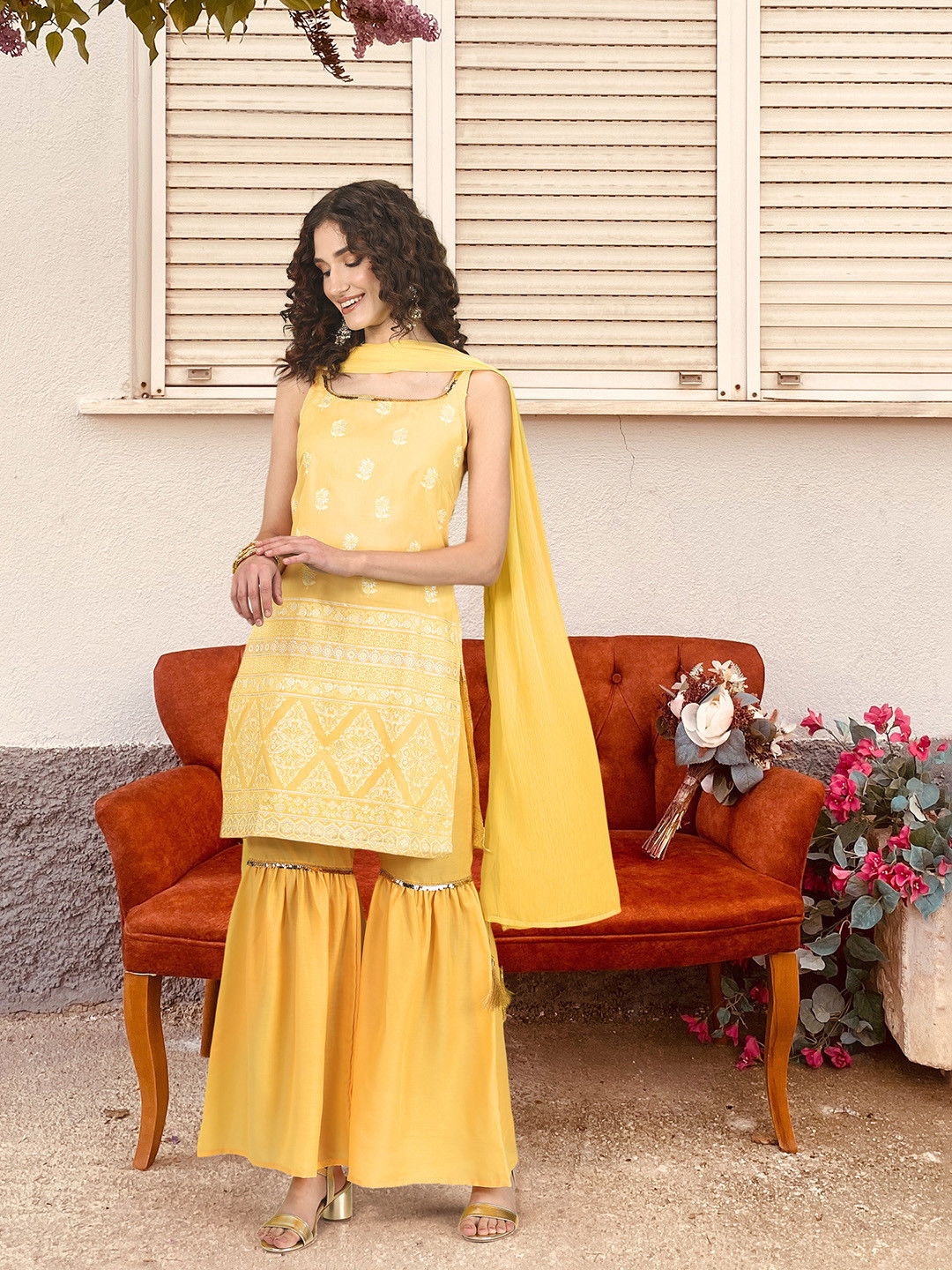 Buy Sangria Ethnic Motifs Printed Sequinned Kurta With Sharara & Dupatta - Kurta Sets for Women ...