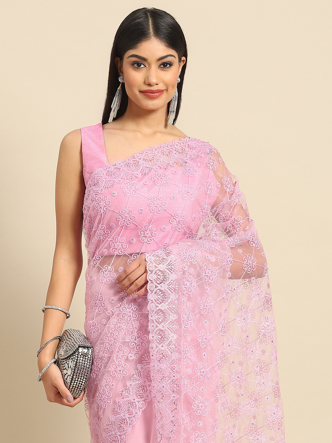 Buy All About You Pink Floral Embroidered Net Saree - Sarees for Women ...