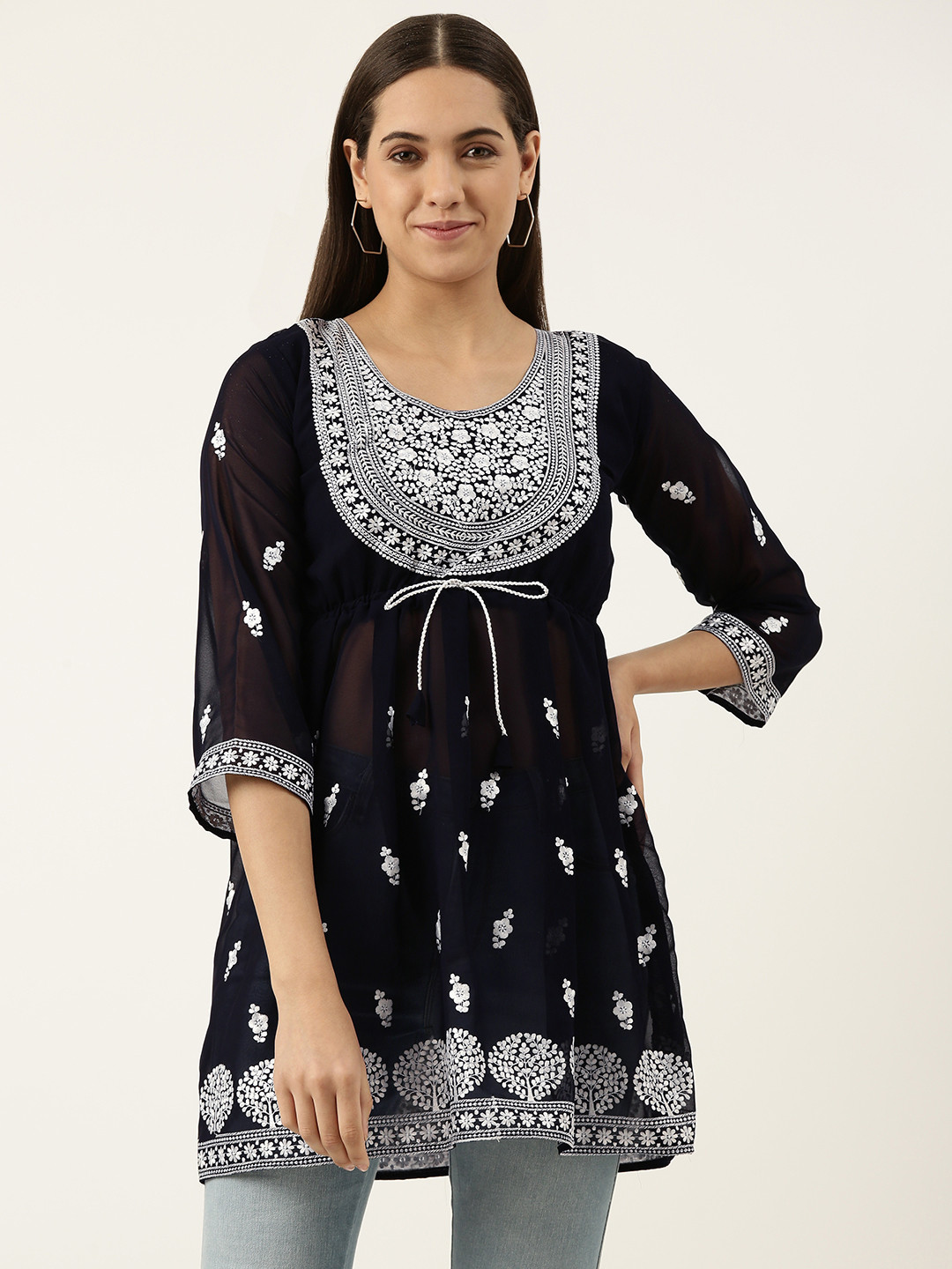 Buy WEAVETECH IMPEX Floral Embroidered Georgette Longline Top - Tops ...