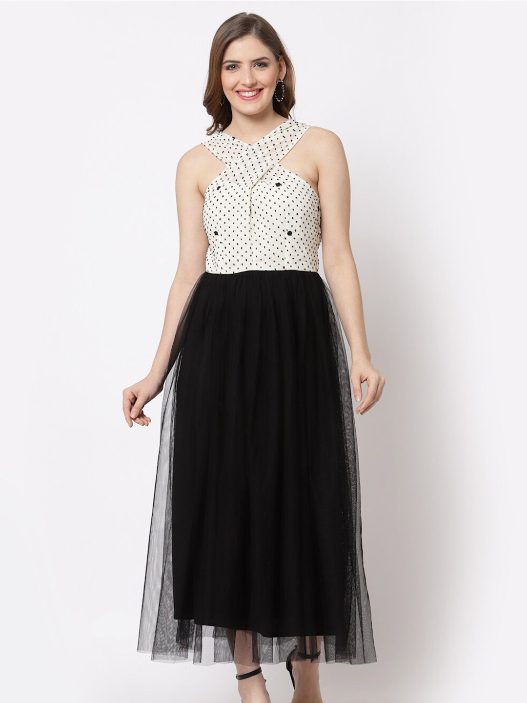 Buy Just Wow Round Neck Fit & Flare Net Maxi Dress - Dresses for Women ...