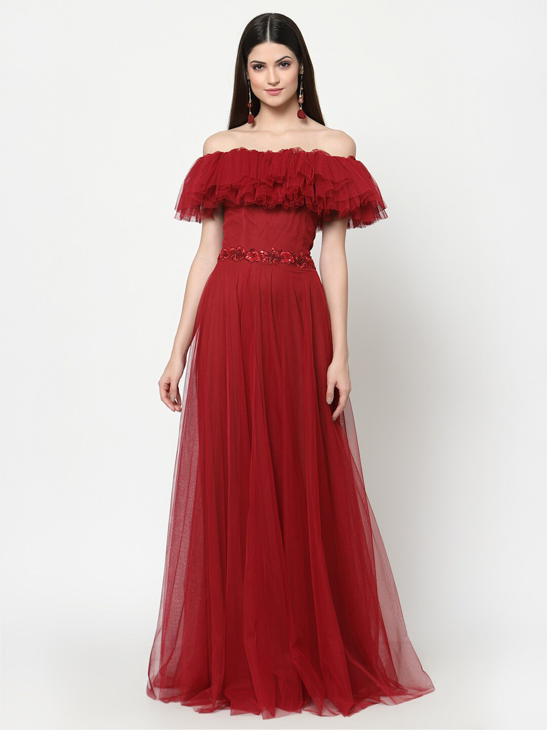 Buy Just Wow Maroon Embellished Off Shoulder Net Maxi Maxi Dress ...