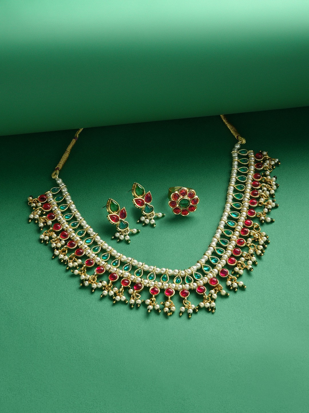 Buy Zaveri Pearls Gold Plated Kundan Studded & Pearl Beaded Jewellery ...