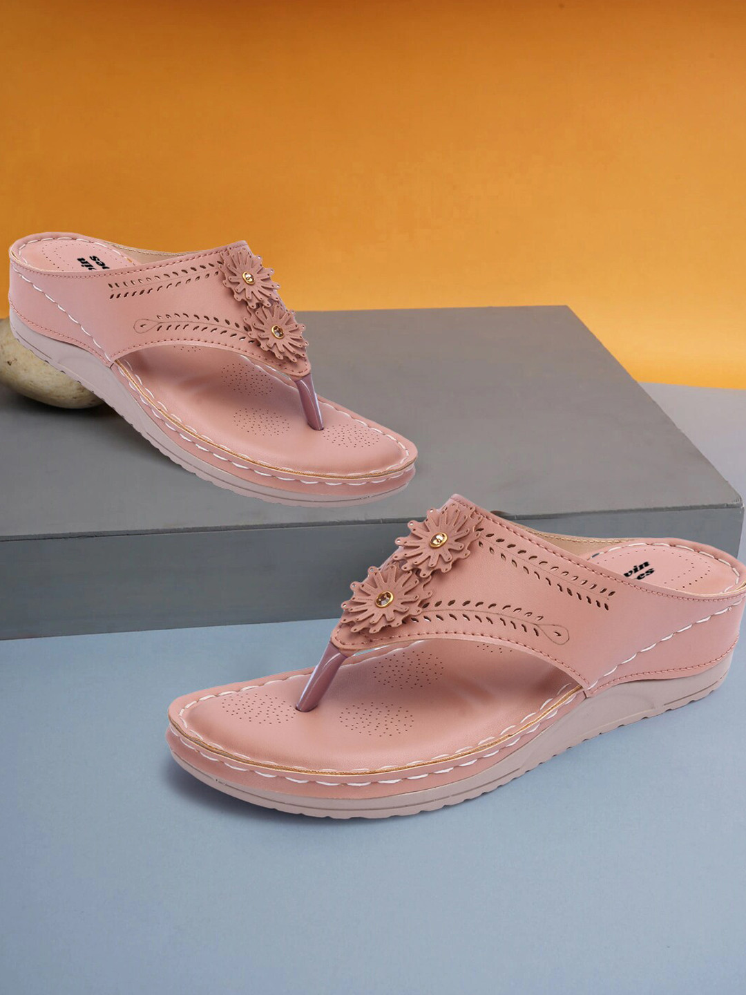 Buy TWIN TOES Women Peach Coloured Embellished Open Toe Flats - Flats ...