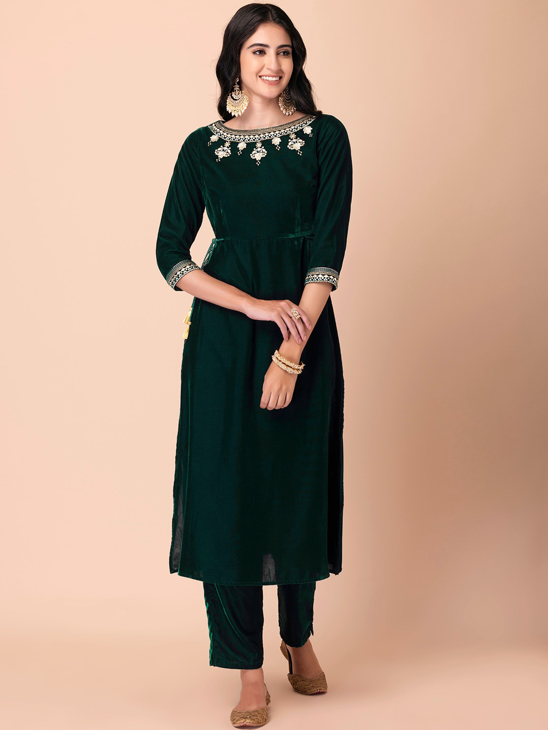 Buy Rang By Indya Floral Embroidered Velvet Thread Work Kurta - Kurtas ...
