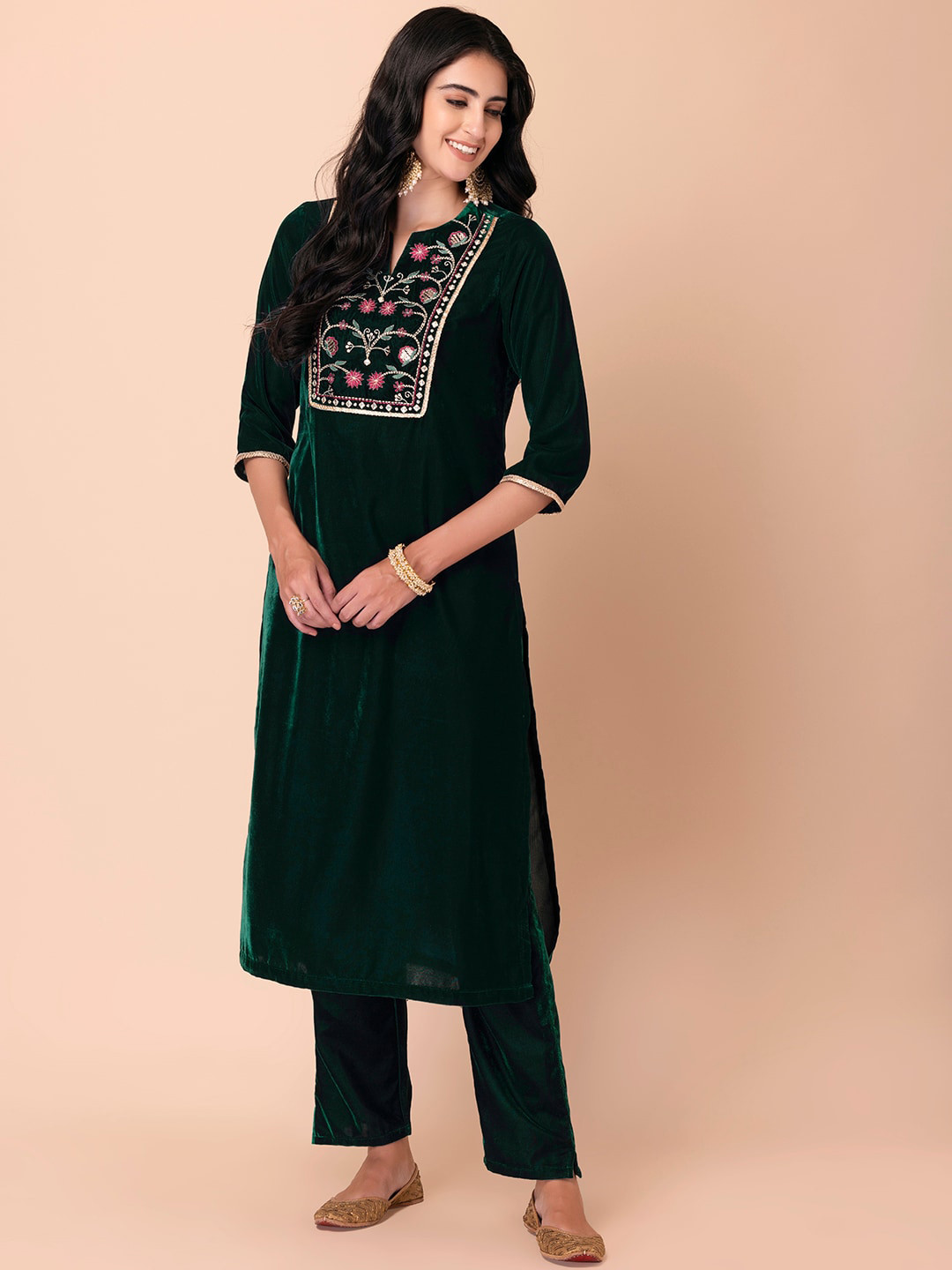 Buy INDYA Notched Neck Embroidered Thread Work Straight Fit Velvet ...