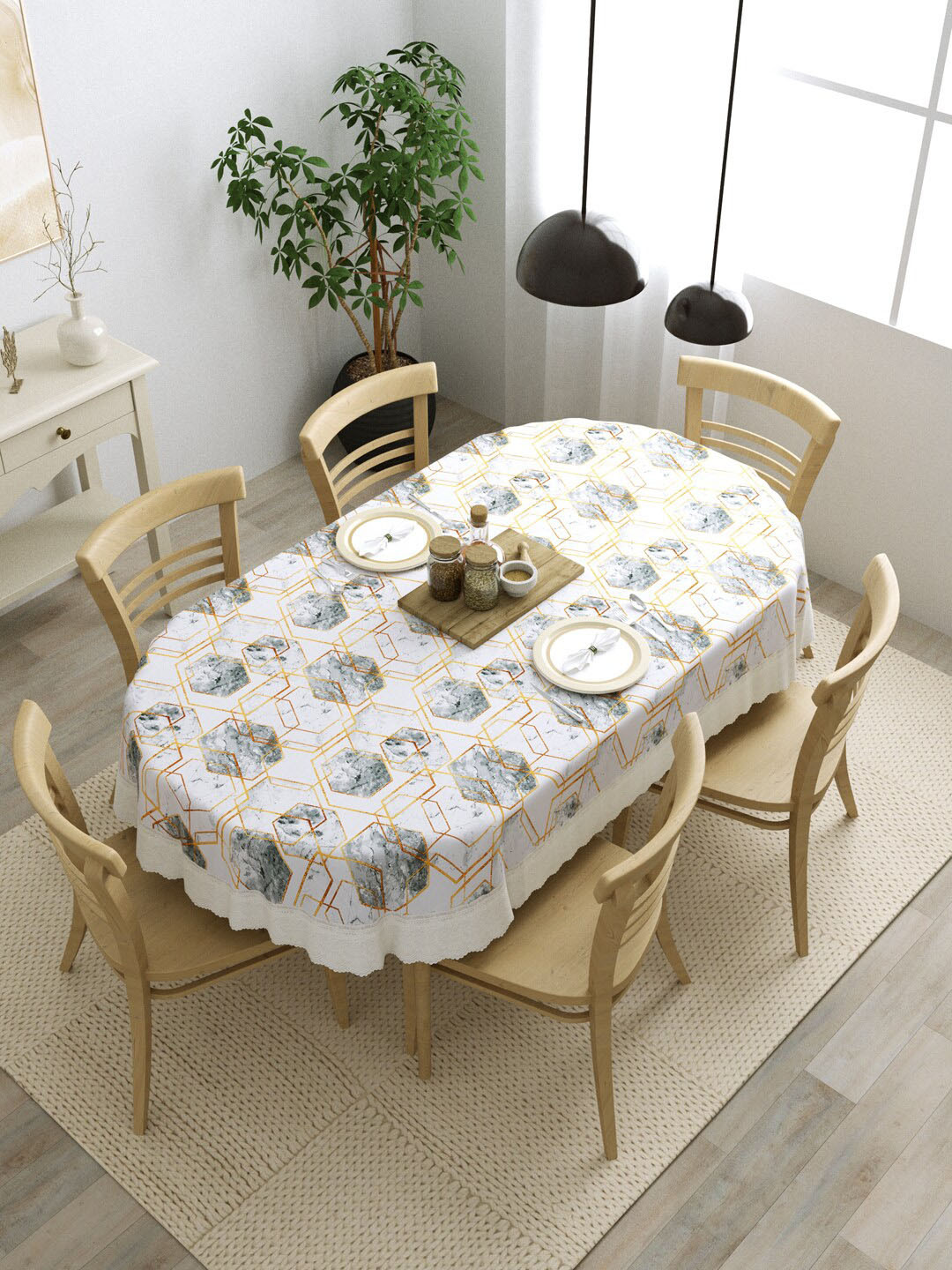 Buy Clasiko White & Grey Geometric Printed 6 Seater Oval Dining Table ...