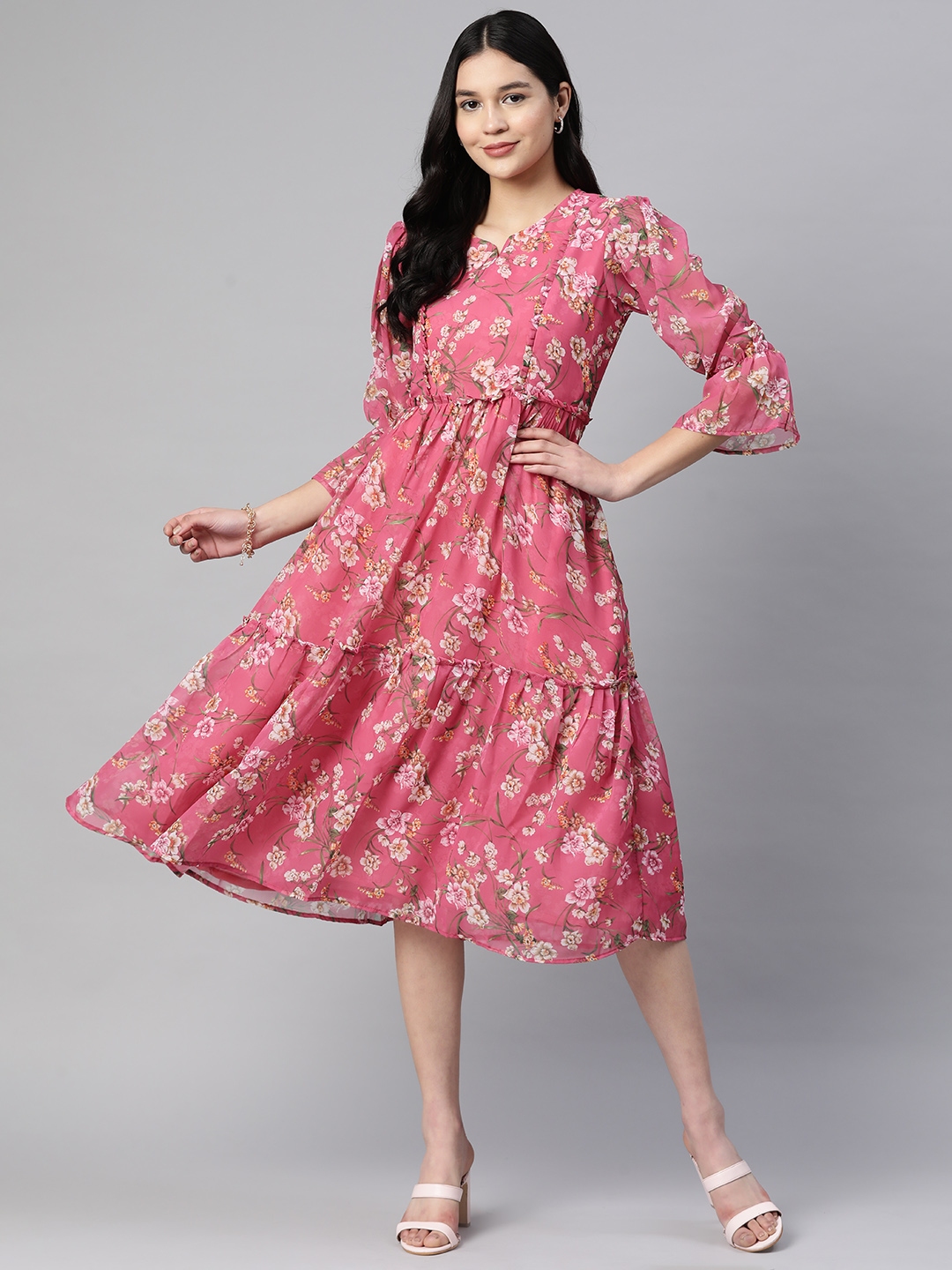 Buy Serona Fabrics Floral Print Puff Sleeves Tiered Georgette Midi