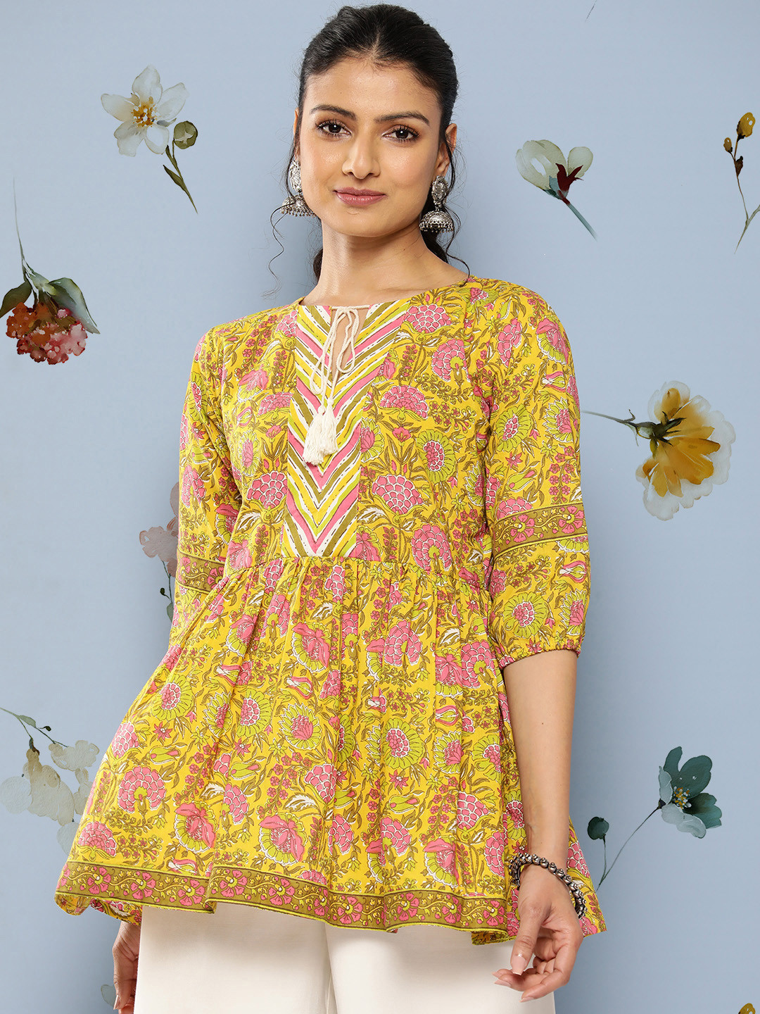 Buy Libas Yellow & Pink Floral Printed Pure Cotton Empire Kurti ...