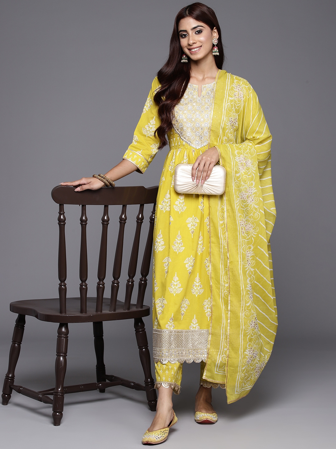 Buy Libas Women Floral Yoke Design High Slit Pure Cotton Kurta With
