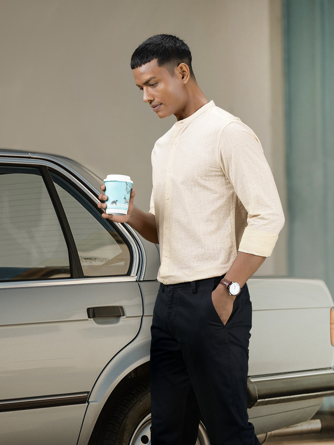 Buy Flying Machine Slub Floral Print Mandarin Collar Casual Shirt ...