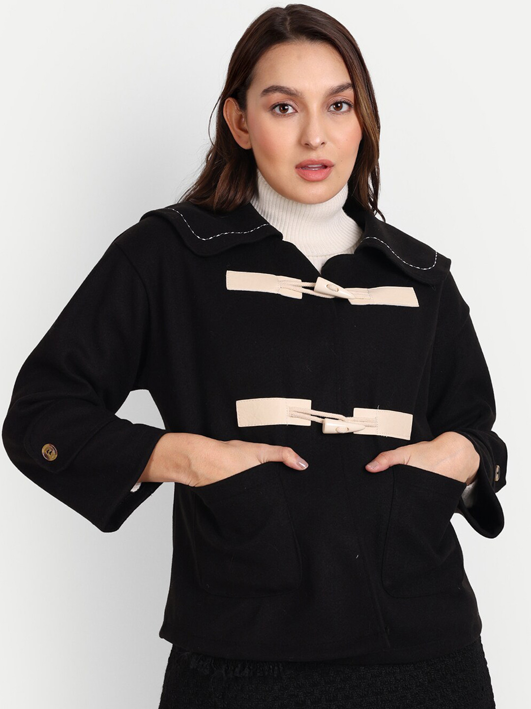 Buy Iki Chic Women Sailor Collar Front Button Suede Overcoat - Coats ...
