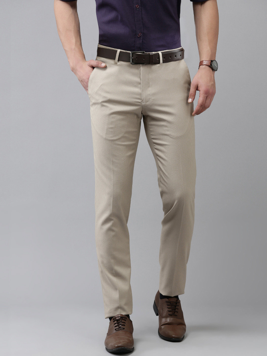 Buy Van Heusen Men Self Designed Textured Skinny Fit Formal Trousers ...