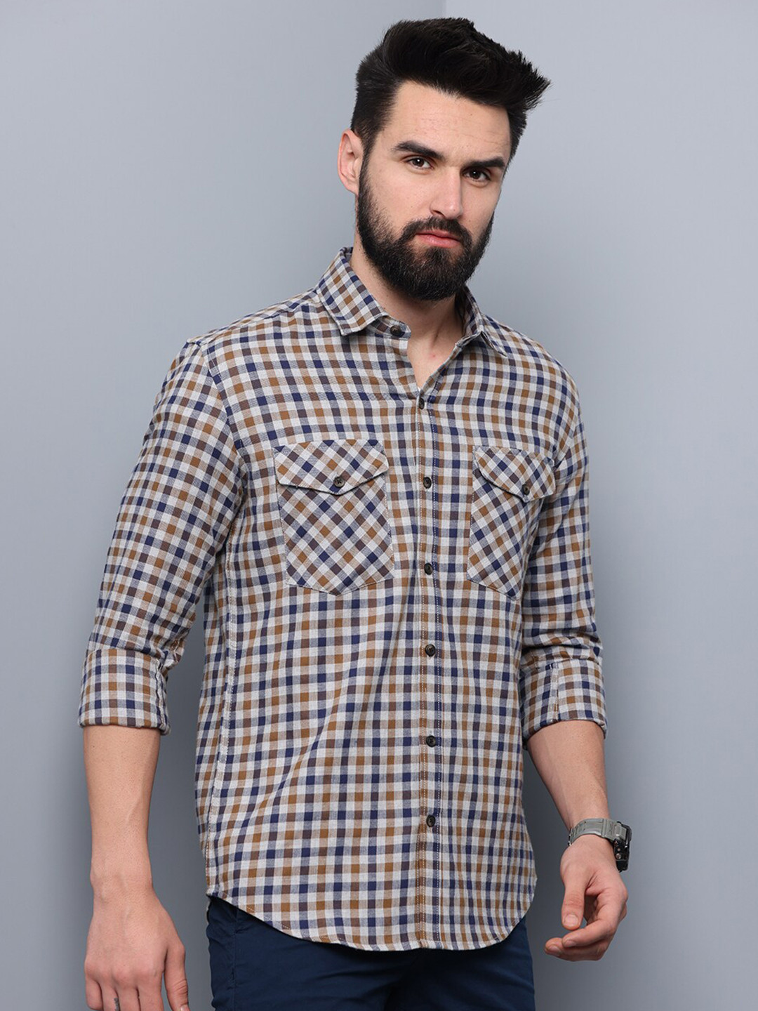 Buy FOGA Men Standard Slim Fit Checked Pure Cotton Casual Shirt ...