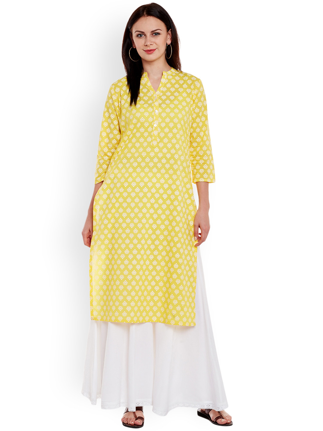 Buy Varanga Women Yellow & White Printed Kurta With Palazzos - Kurta ...