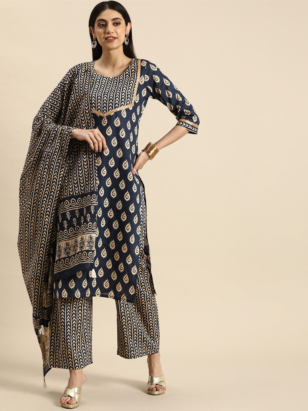 Buy Anouk Ethnic Motifs Printed Pure Cotton Kurta With Palazzos & With ...
