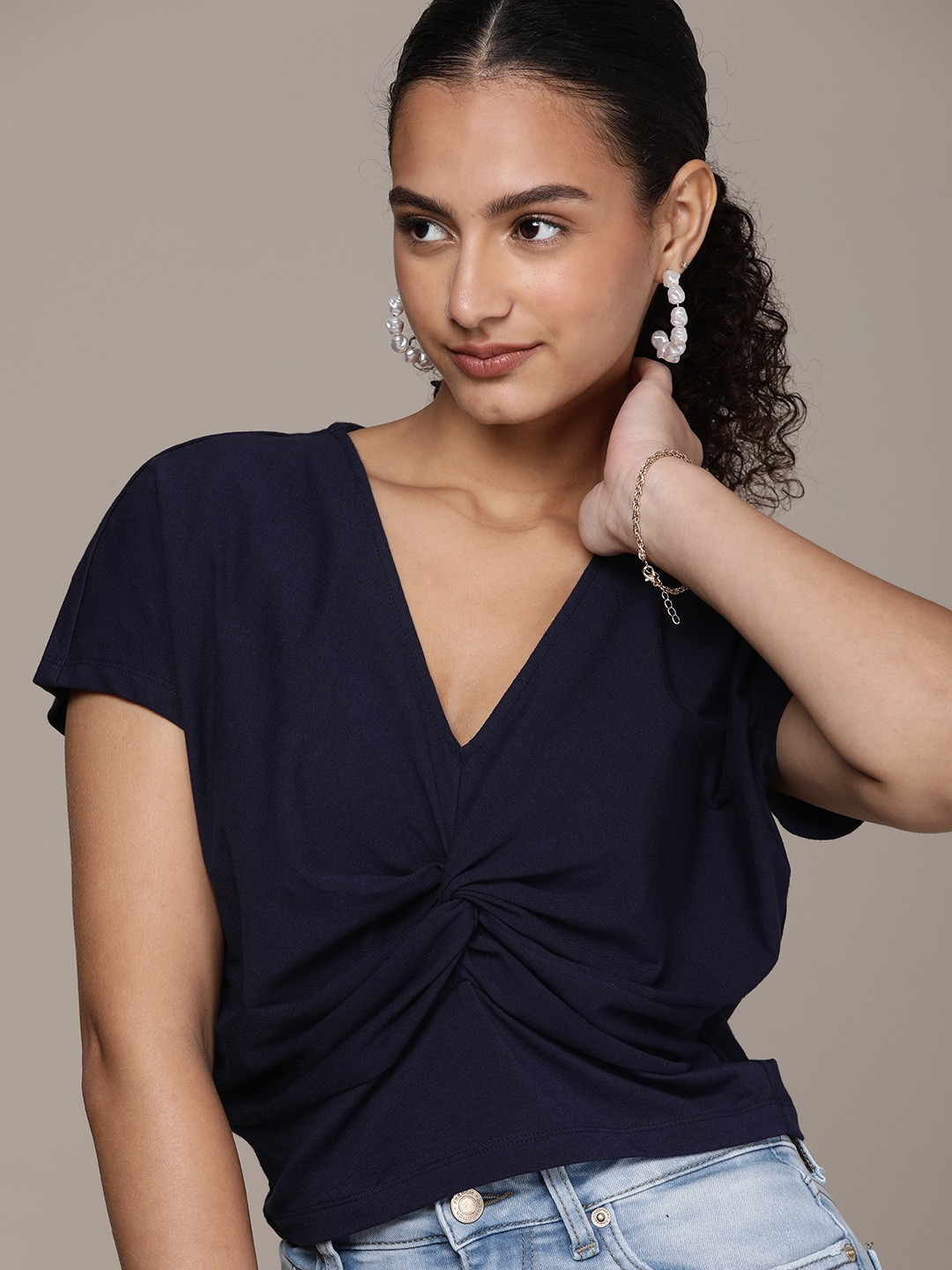 Buy French Connection Solid V Neck Extended Sleeves Twisted Knitted ...