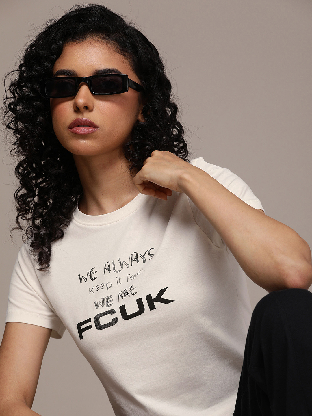 Buy FCUK Round Neck Typography Printed Pure Cotton T Shirt - Tshirts for Women 21344974 | Myntra