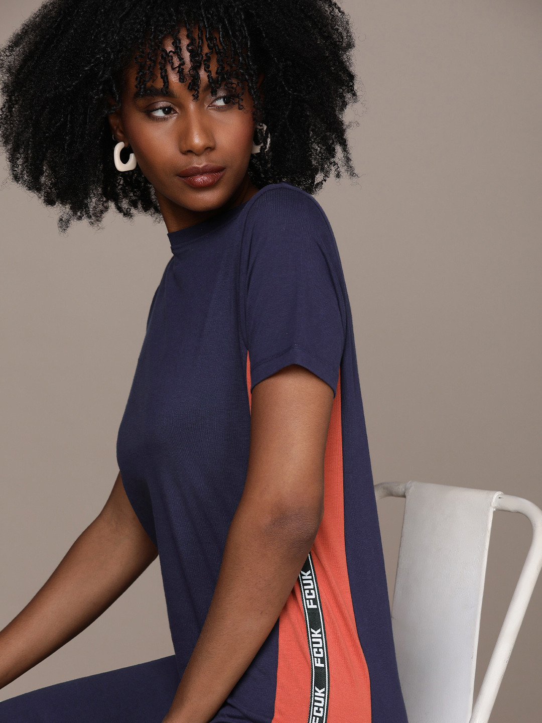 Buy FCUK Navy Pure Cotton Colourblocked T Shirt Dress - Dresses for ...