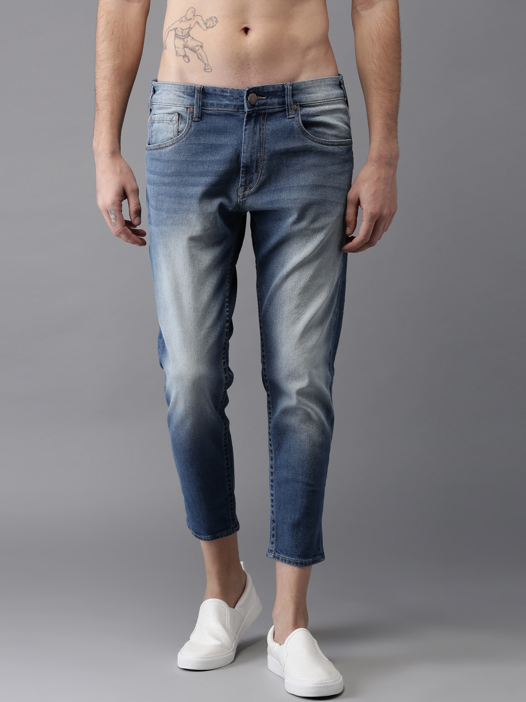 Buy HERE&NOW Men Blue Slim Fit Cropped Mid Rise Clean Look Stretchable ...