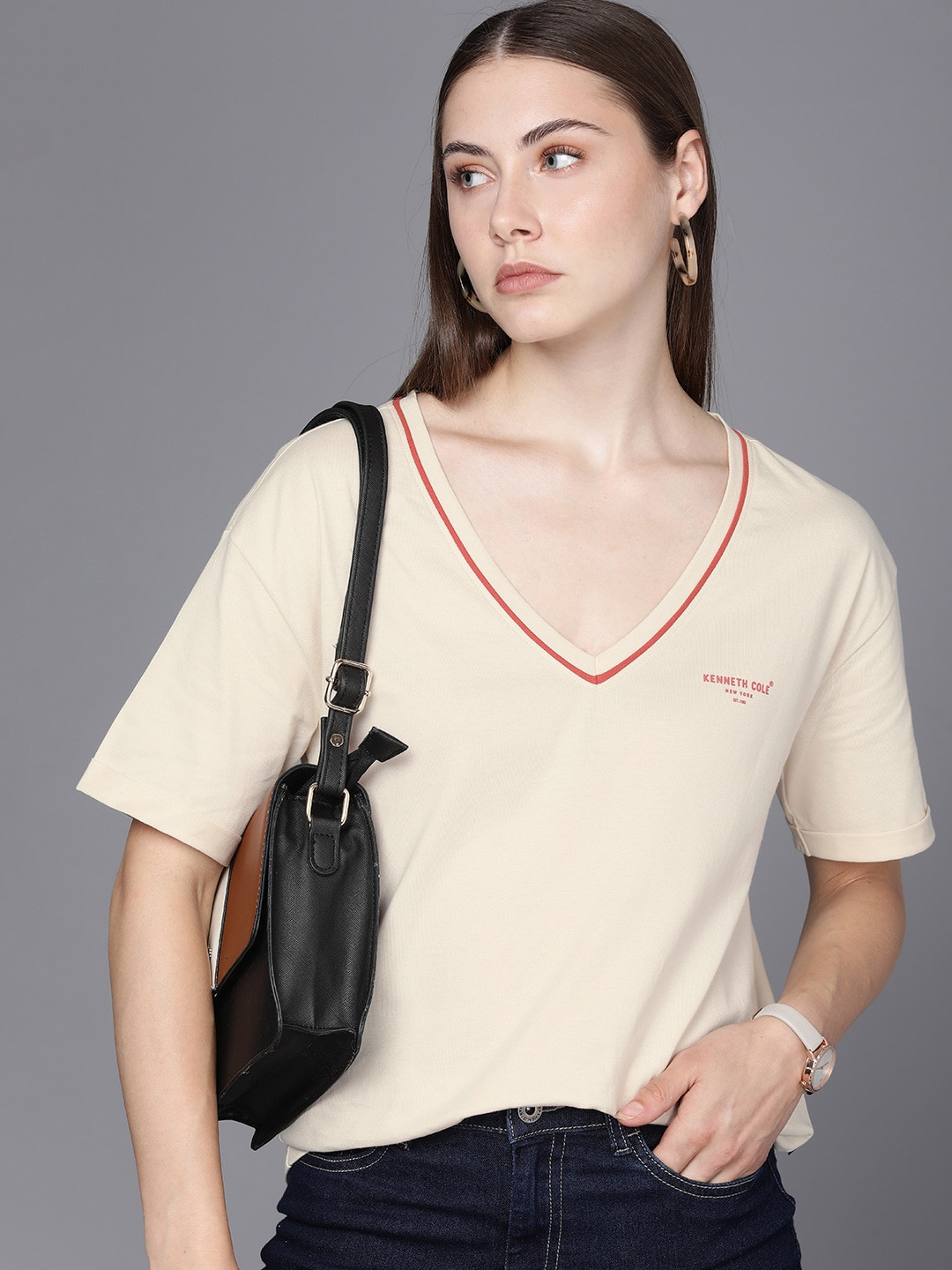 Buy Kenneth Cole Brand Logo Detail V Neck Drop Shoulder Sleeves Organic ...