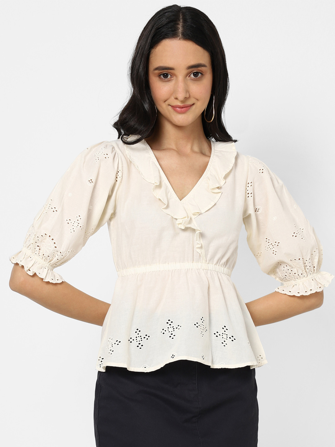 Buy VASTRADO Self Design Schiffli Short Sleeves Peplum Top - Tops for ...