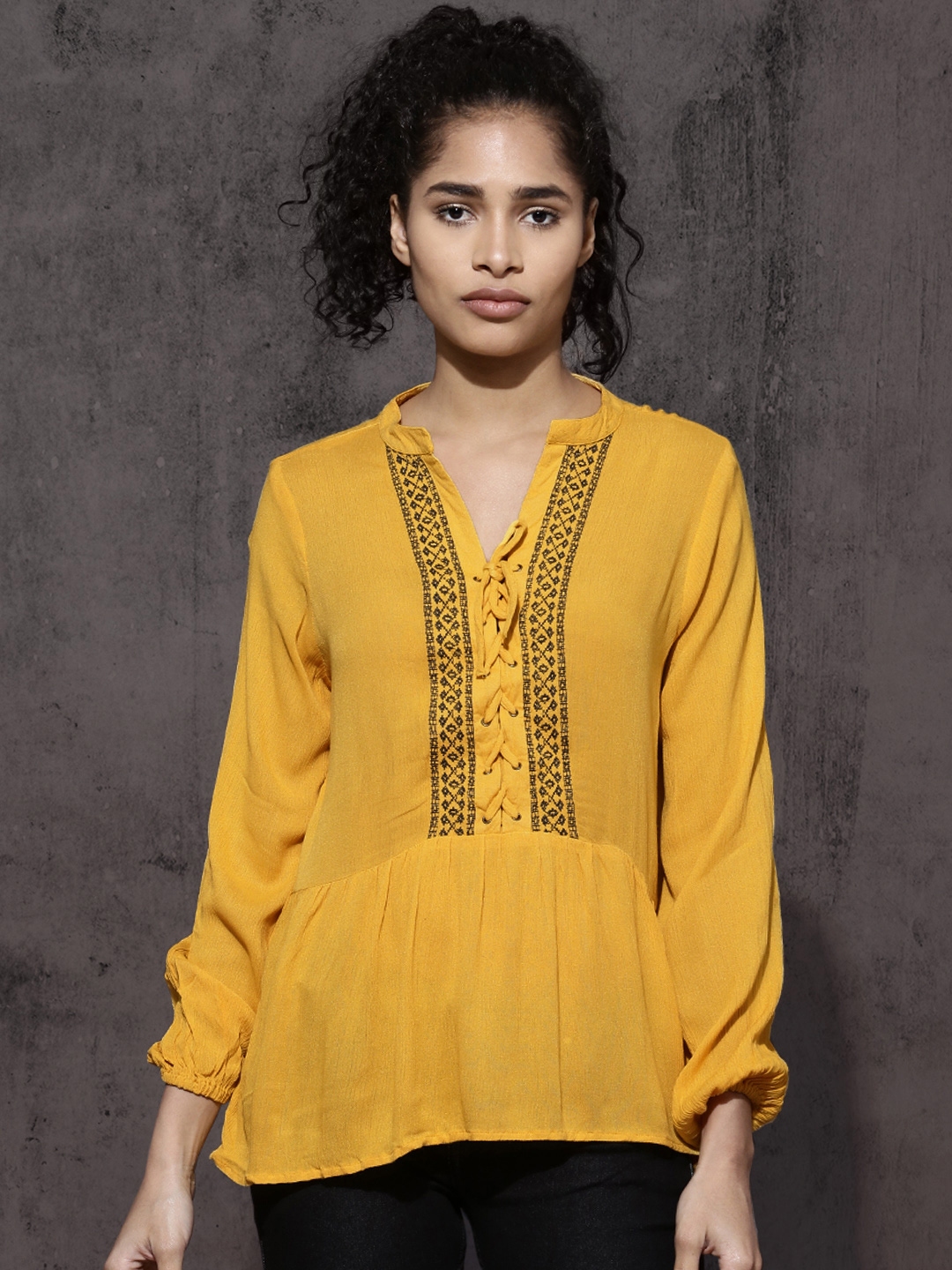 Buy Roadster Women Mustard Yellow Solid Top Tops For Women 2136389