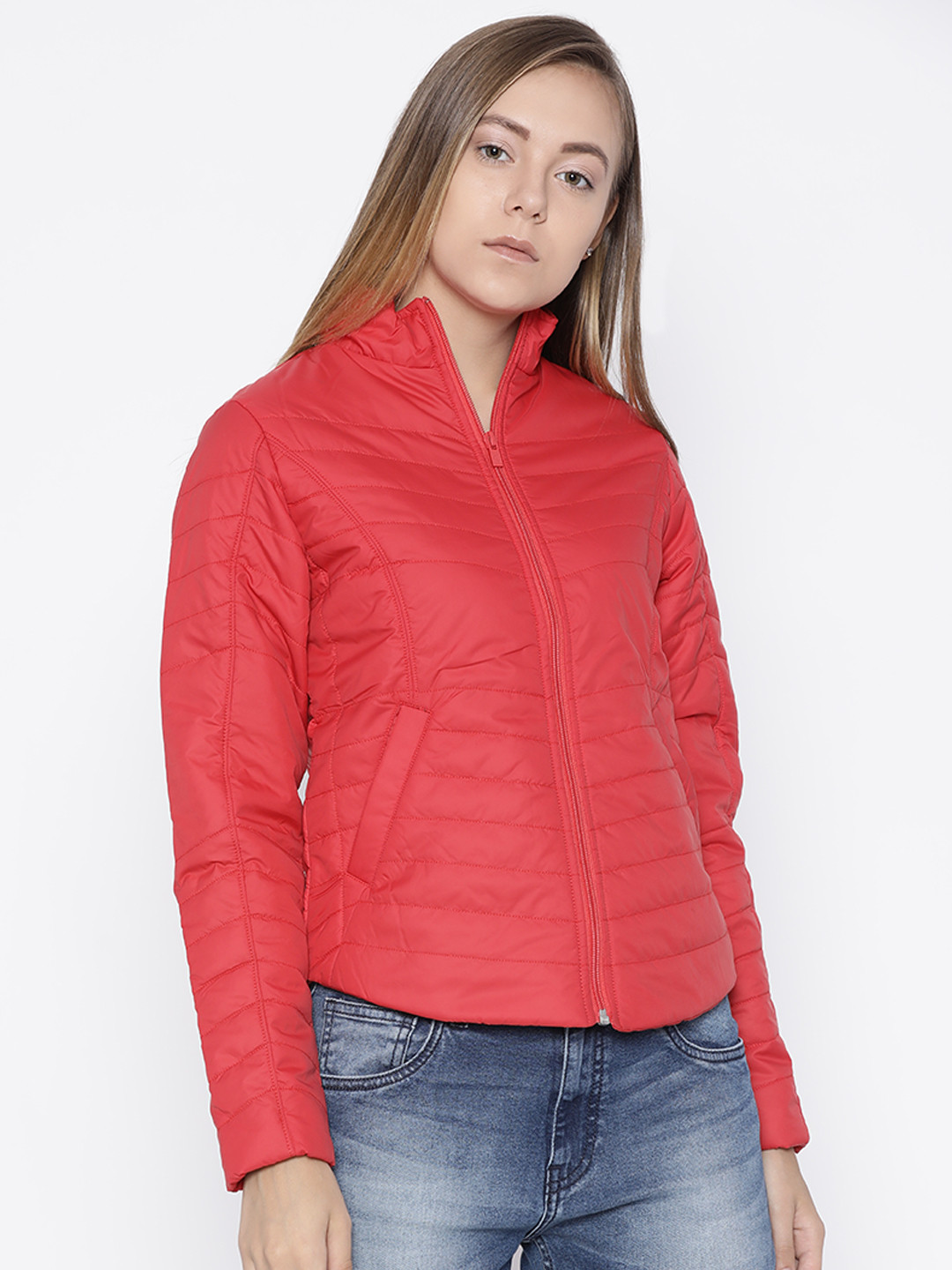 Buy Pepe Jeans Women Coral Red Solid Quilted Jacket - Jackets for Women ...