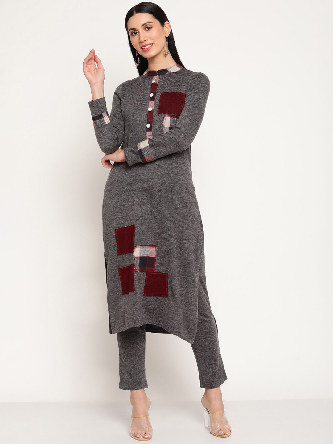 Buy Be Indi Women Solid Self Design Winter Kurta With Trousers - Kurta ...