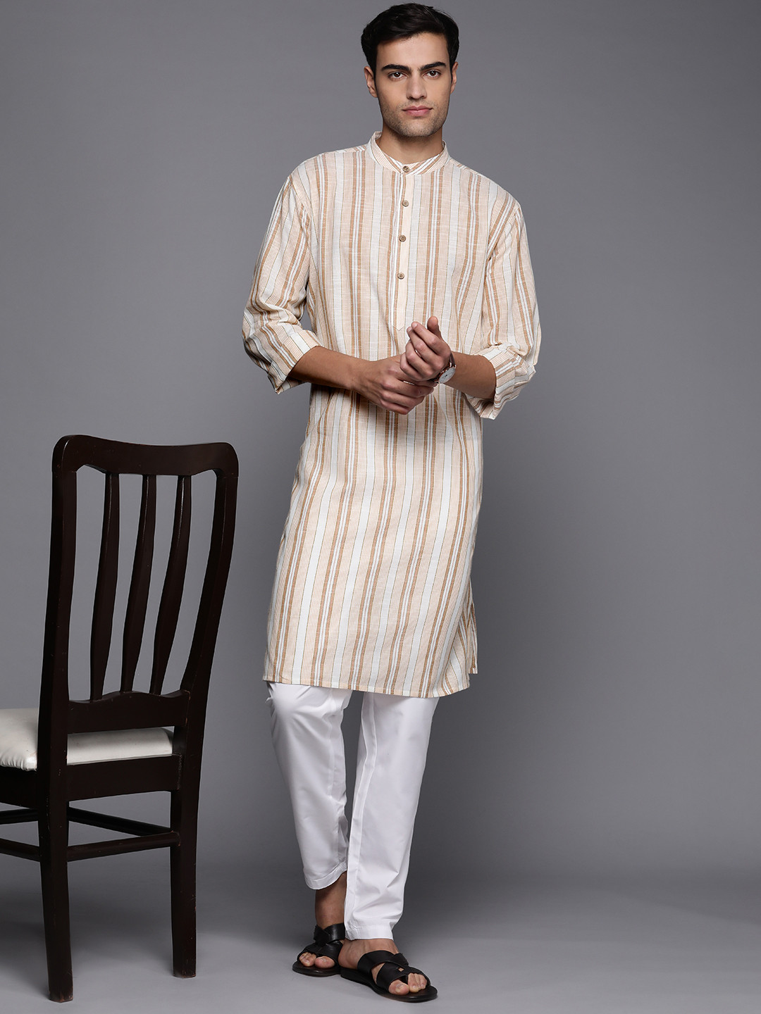 Buy Fabindia Men Cotton Dobby Comfort Fit Striped Straight Kurta ...