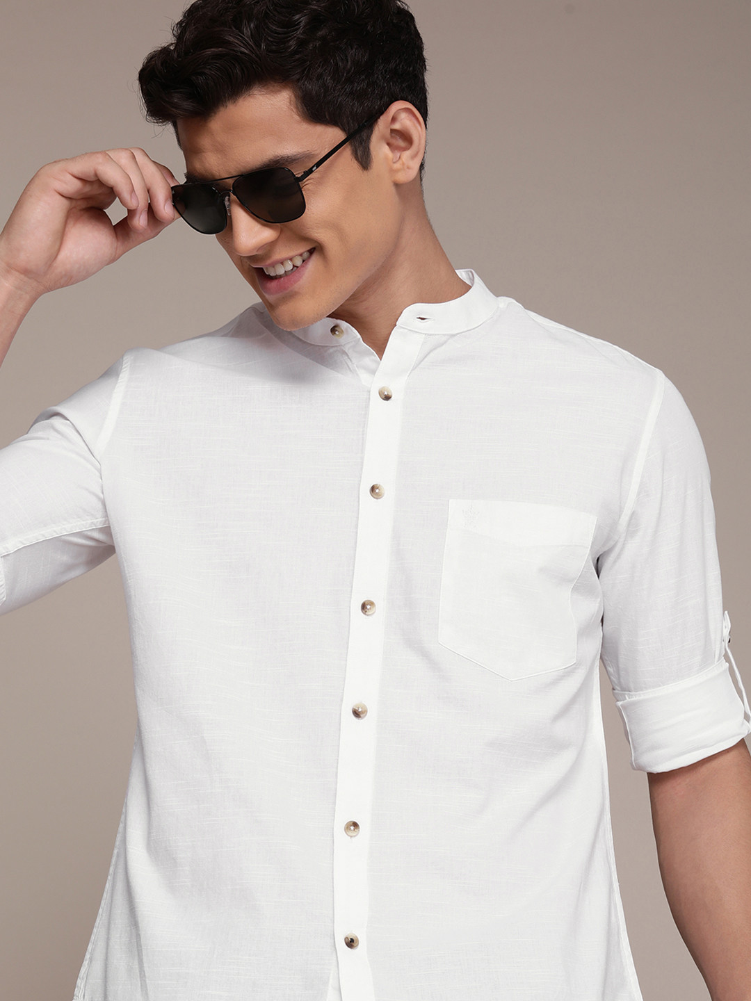 Buy French Connection Band Collar Slim Fit Pure Cotton Casual Shirt ...