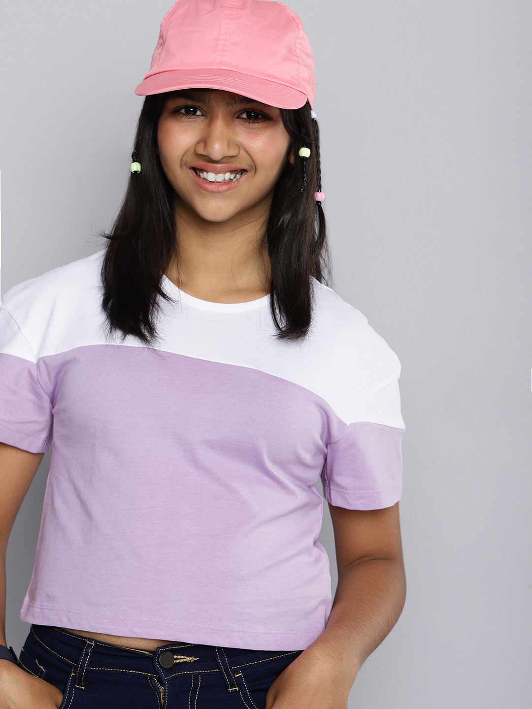 Buy HERE&NOW Girls Pure Cotton Colourblocked Drop Shoulder Boxy T Shirt ...