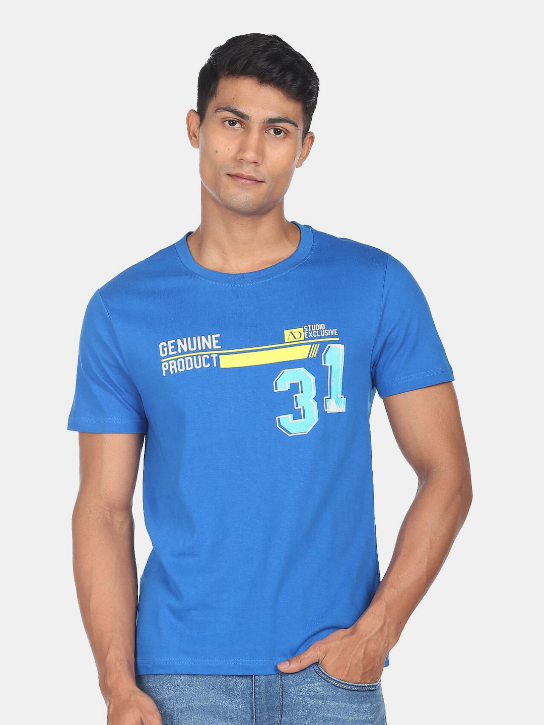 Buy AD By Arvind Men Typography Printed Slim Fit Pure Cotton T Shirt ...