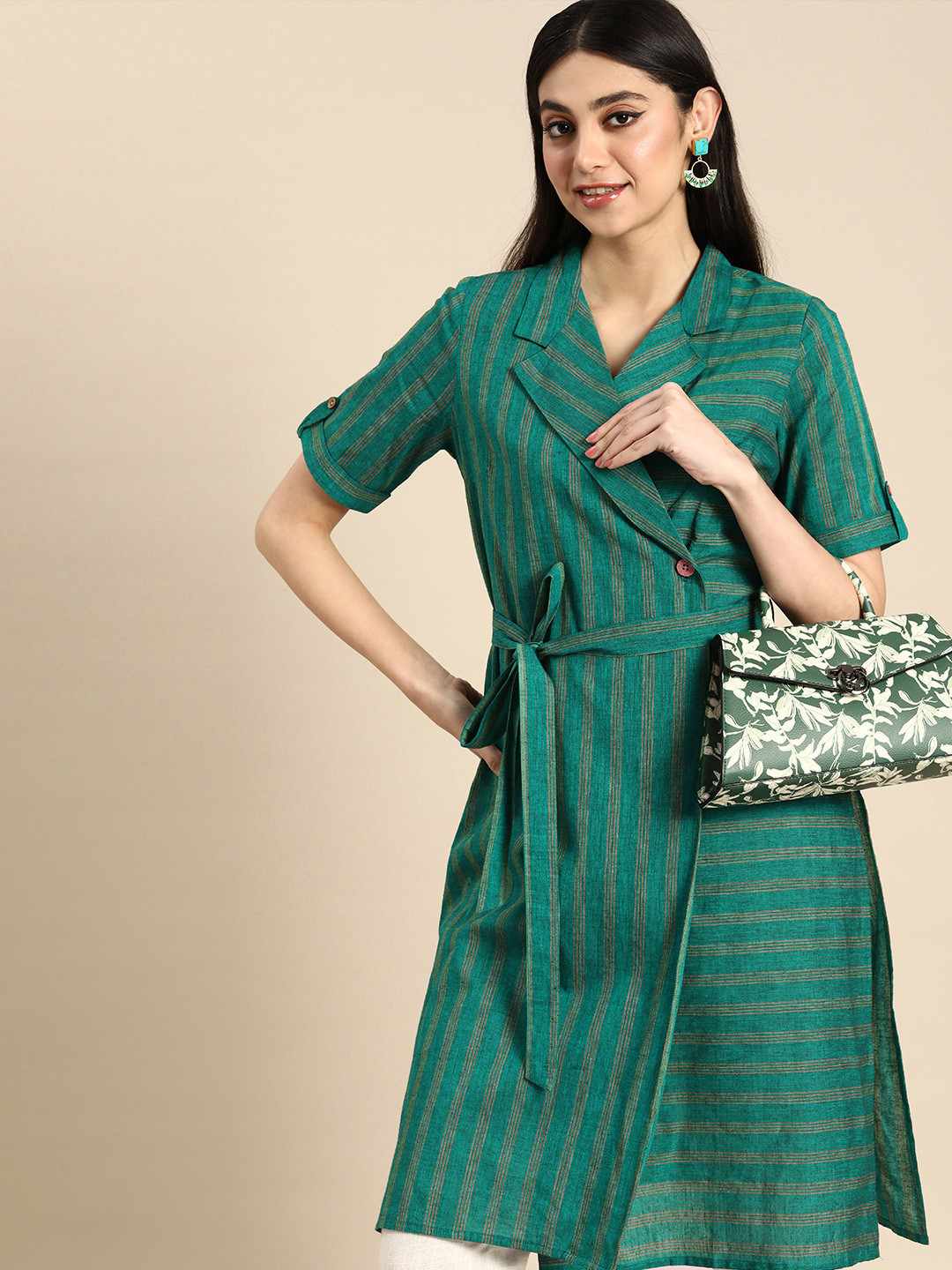 Buy Anouk Lapel Collar Roll Up Sleeves Striped Pure Cotton Fusion Wrap ...